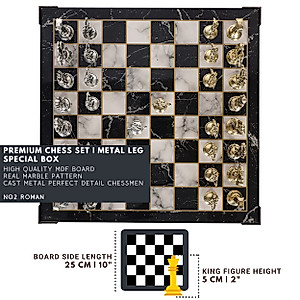 Chess Set (8, 10, 12, 13 Inch) - Greek Mythology, British, Roman Metal Pieces, Marble Look Wooden Chess Board… (NO2 Roman)