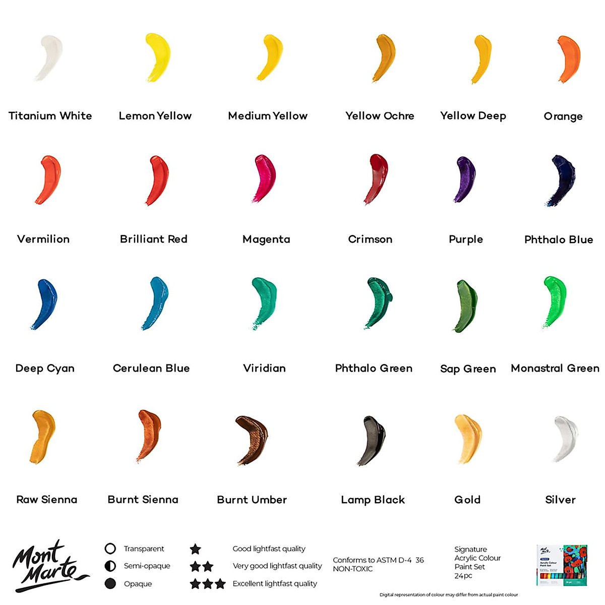 Mont Marte Acrylic Paint Set 24 Colours 36ml, Perfect for Canvas, Wood, Fabric, Leather, Cardboard, Paper, MDF and Crafts