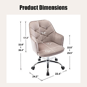 Velvet Swivel Shell Chair for Living Room, Modern Leisure Arm Chair, Office Chair, 360 Degree Swivel Shell Chair Velvet Home Office Desk Chair Tufted Vanity Chair with 5 Wheels for Bedroom (Gray)