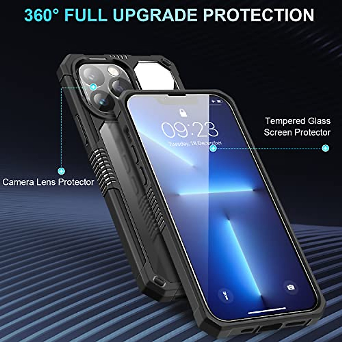 TENDLIN Compatible with iPhone 13 Pro Max Case with Screen Protector and Camera Lens Protector, Military Grade Drop Protection Crystal Clear Hard Back Soft Bumper Protective Case - Black