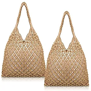 2 Pcs Women Travel Beach Bag Cotton Rope Travel Beach Fishing Net Handbag Tote Summer Weave Rattan Mesh Shoulder Purse (Brown)
