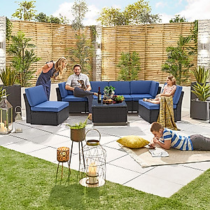 TiuBroe 7 Pieces Patio Furniture Sets, Outdoor PE Rattan Sectional Sofa Conversation Set, All Weather Conversation Set w/6 Seat Cushions and 1 Coffee Table (Dark Blue)