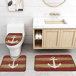 WARM TOUR 4 Piece Shower Curtain Sets with Bath Rugs Nautical Anchor Rustic Wood Board,Non-Slip Floor Mat,Toilet Lid Covers,U-Shape Contoured Pad Marine Red Wood Grain Bathroom Set for Home Decor
