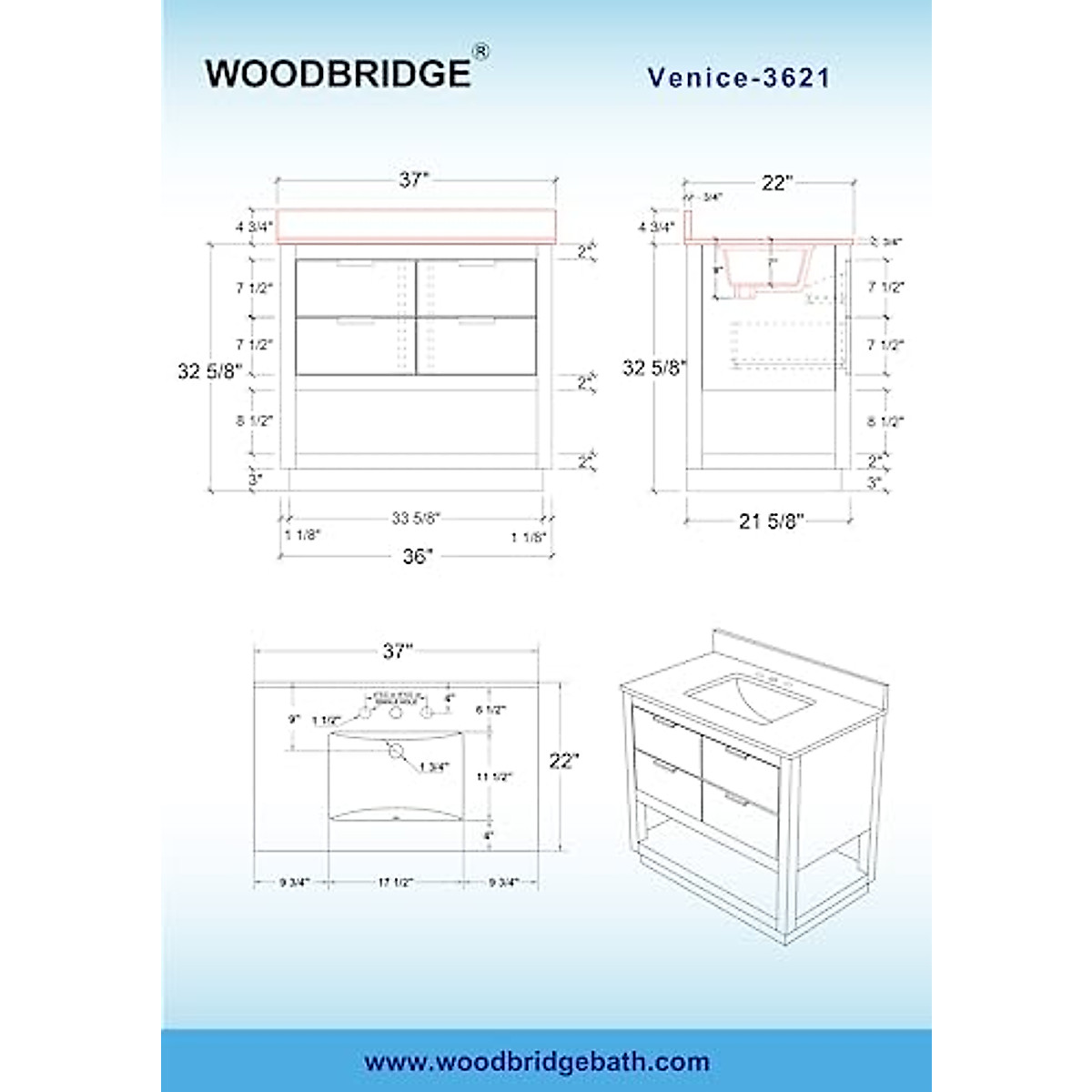 Woodbridge Venice-3621-Grey-G+ CAVT3722-8 Vanity with top, 37"x22", Grey with Gold Trim