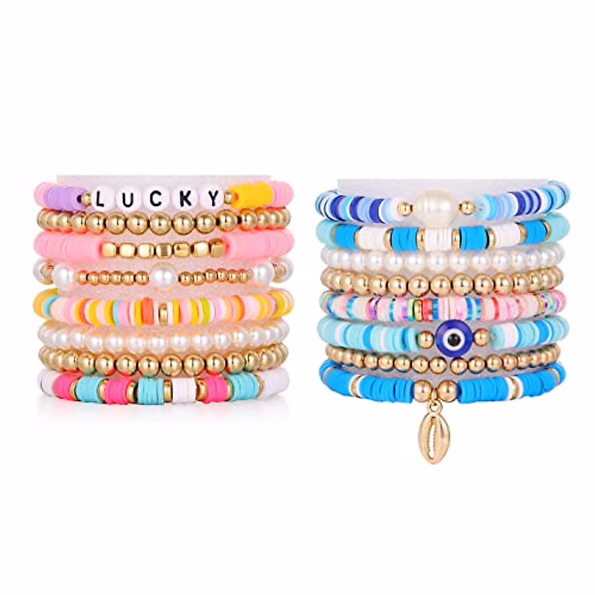 16Pcs Preppy Beaded Bracelets Set for Women Teen Girls,Colorful Heishi Clay Bead Bracelets Stackable Stretch Bracelet Gold Beaded Evil Eye Pearl Shell Summer Beach Surfer Boho Bracelets Aesthetic Y2K