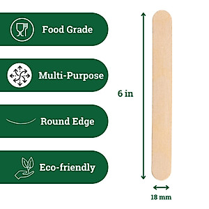 Supplika 100 Pack Jumbo Wooden Craft Sticks — 6” Natural Popsicle Sticks for Icecream Sticks, Cakesicle, Treat Sticks, Wax Sticks, Waxing, Tongue Depressors, DIY Crafts, Art Projects, Classroom Supply