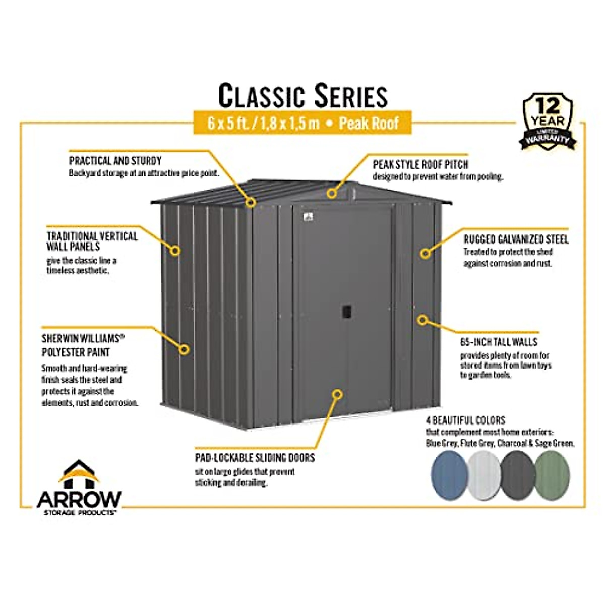 Arrow Shed Classic 6' x 5' Outdoor Padlockable Steel Storage Shed Building