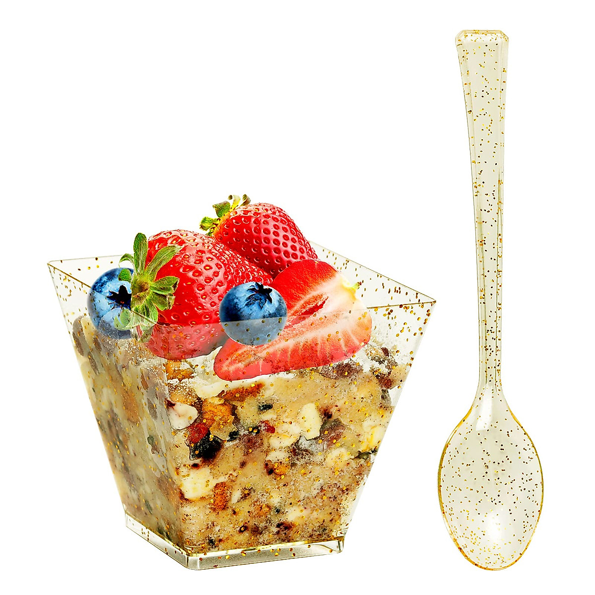 Tongcloud 25 Set Mini Plastic Dessert Cups with Spoons Gold Glitter Square Small Dessert Cups Disposable Gold Glitter Plastic Bowls with Mini Spoons Great for Party Desserts Appetizers