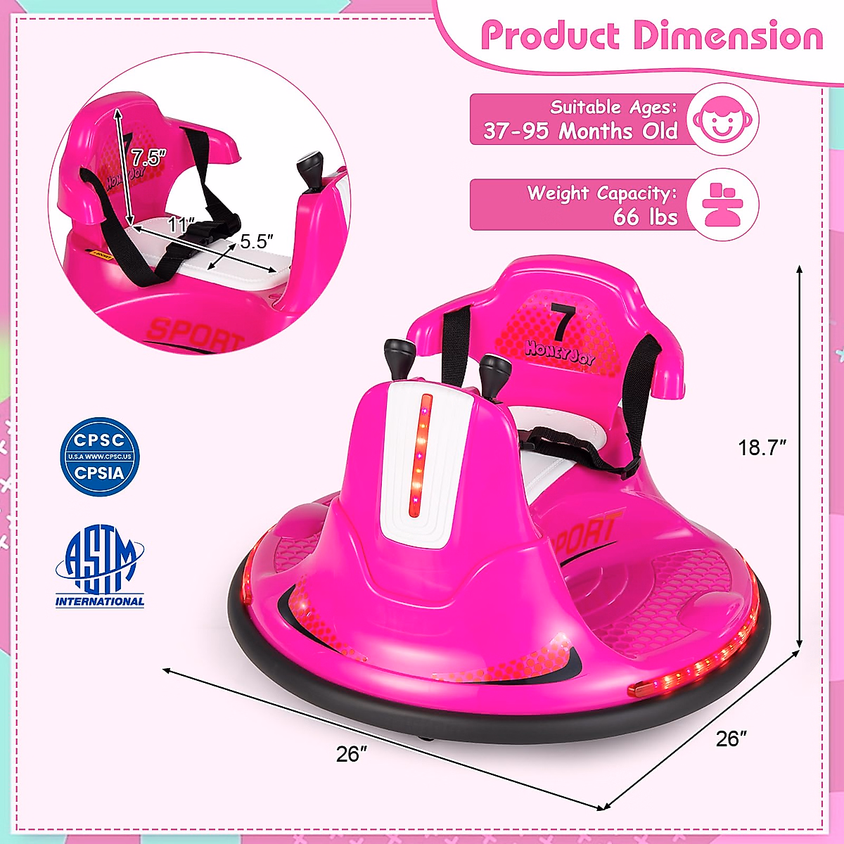 HONEY JOY 12V Bumper Car for Toddlers 1-3, Baby Ride on Bumper Car w/Dual Joysticks, Flashing LED Light & 360 Degree Spin, Electric Vehicle for Kids, Ride on Car w/Remote Control, Gift for Boys Girls