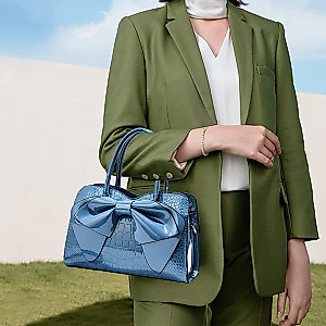 XingChen Shiny Women Handbag Patent Leather Bowknot Purse Charm Glossy Top-Handle Satchel Tote Fashion Shoulder Bag(Blue)
