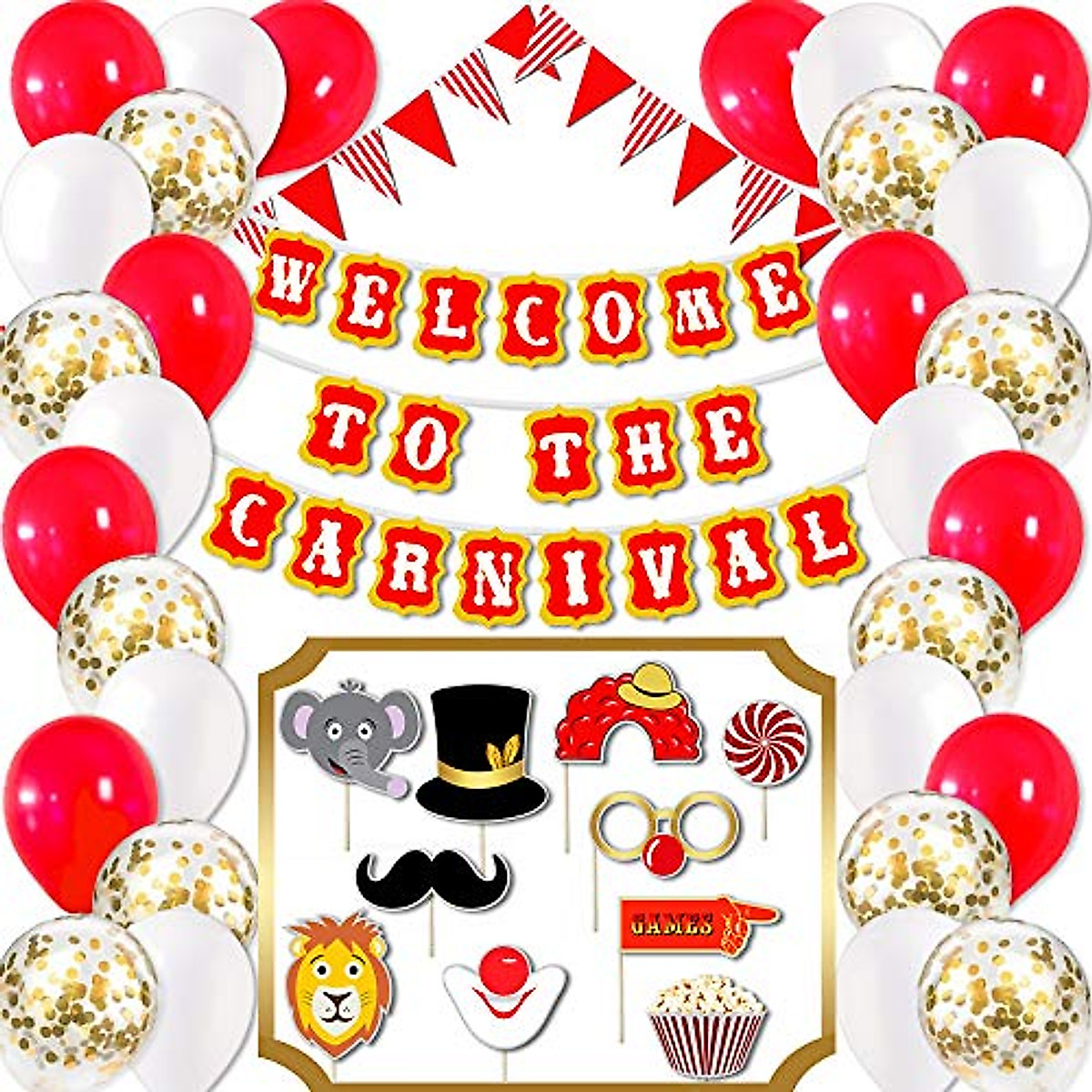 Carnival Circus Party Decorations Supplies Kit | "Welcome To The Carnival" Banner | Carnival Circus Photo Props | Red & White Striped Pennant Banner Flags | 10 White 10 Red & 10 Gold Confetti Balloons