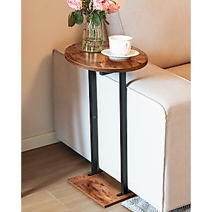 Eufrozy Round End Tables for Small Spaces, 24" Wood Couch Side Table with Fabric Basket, Oval Sofa Accent Table for Living Room Bedside Bedroom Drink Corner-Rustic Brown