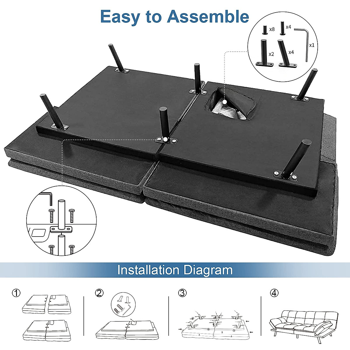 MUUEGM Adjustable Living Room, Convertible Futon Couch Bed, Memory Foam Modern Loveseat Sofas, Dark Grey