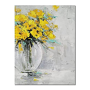 YHSKY ARTS Yellow Sun Flower in Vase Wall Arts - Hand Painted Still Life Canvas Oil Paintings - Modern Botanical Pictures for Living Room Bedroom Bathroom Decor