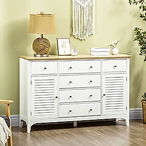 HOMCOM Modern Sideboard with Drawers, Buffet Cabinet with Storage Cabinets, Rubberwood Top and Adjustable Shelves for Living Room, Kitchen, TV Stand up to 60 Inches, White