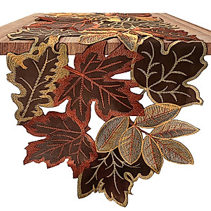 Fall Thanksgiving Table Runner with Embroidered Maple Leaves, Farmhouse Fall Thanksgiving Table Harvest Decor (13.7 × 86.6 inches)