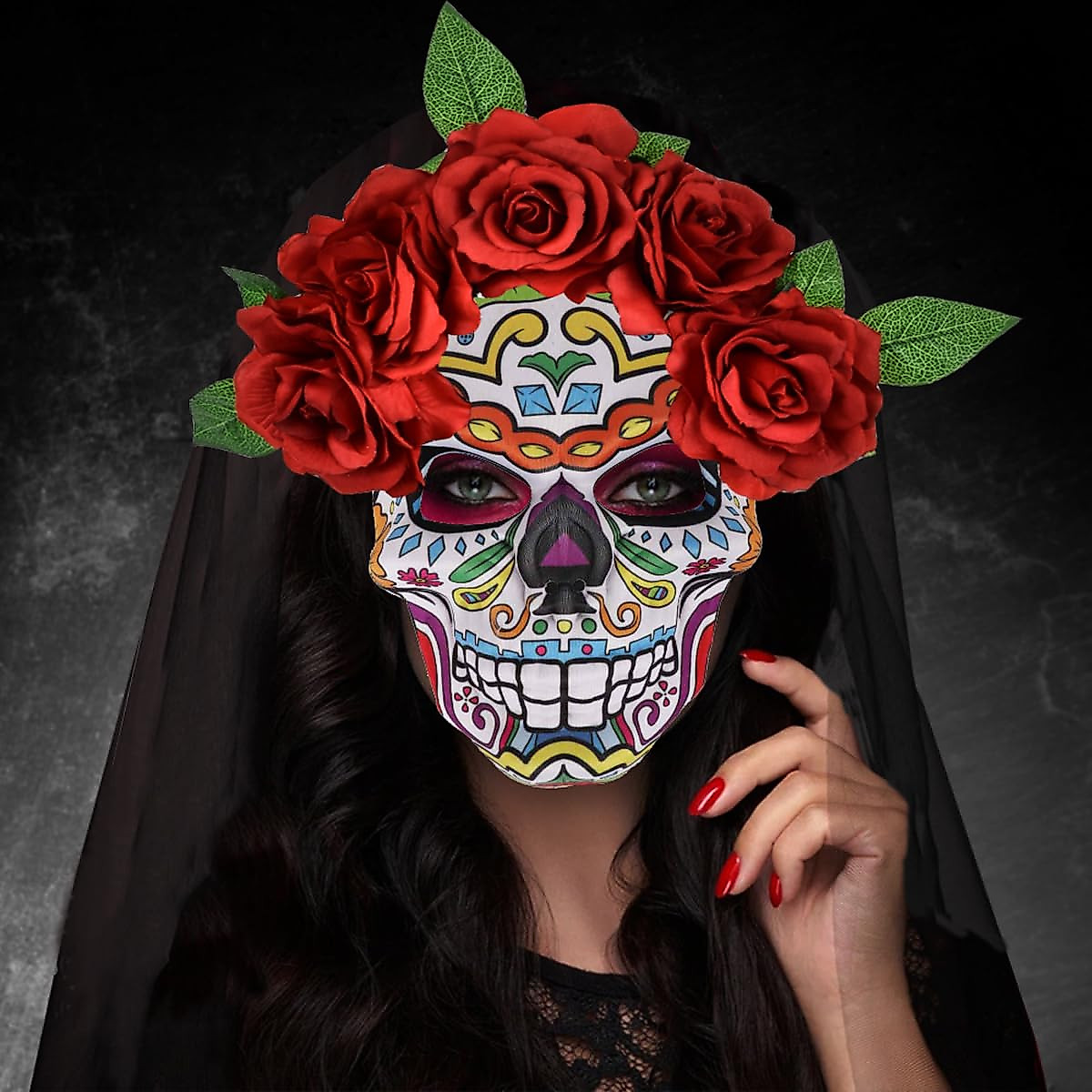 June Bloomy Day of the Dead Headpiece Rose Floral Crown Veil Halloween Costume Mexican Headband (Burgundy)