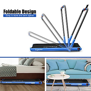 GYMAX Walking Pad, 2 in 1 Free Installation Under Desk Treadmill with Smart App, Remote Control & LED Display, 2.25HP Foldable Portable Compact Running Machine for Small Spaces Home Office (Navy)