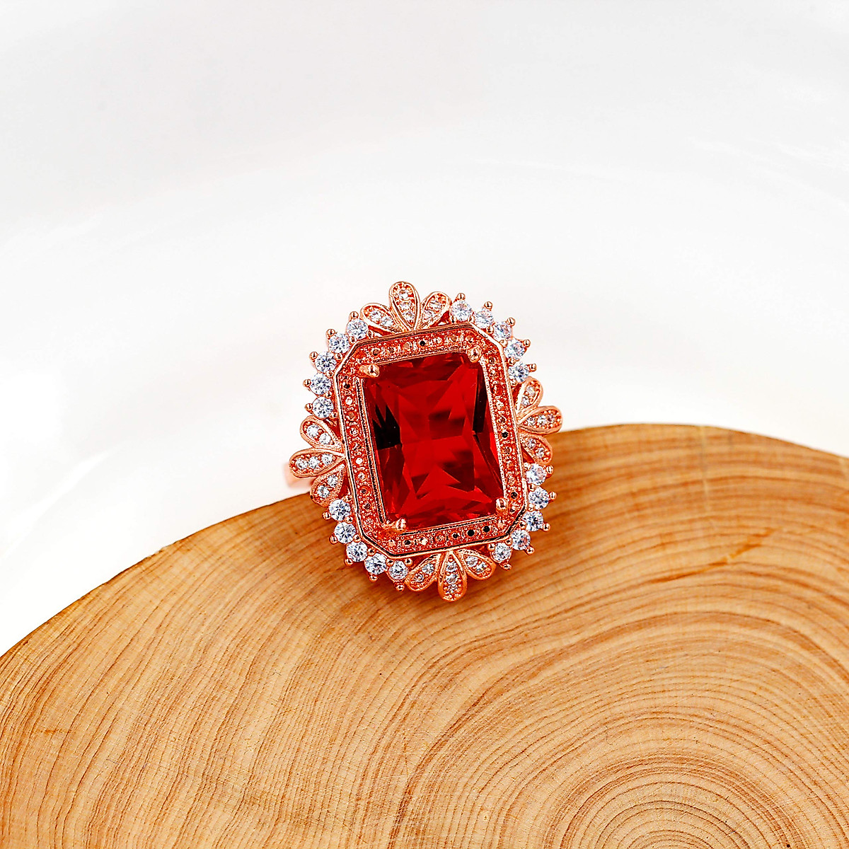 Uloveido Rose Gold Plated Emerald Cut 5 CT Simulated Ruby Ring, Adjustable Red CZ Birthstone Rings Wedding Engagement Rings Women Y988