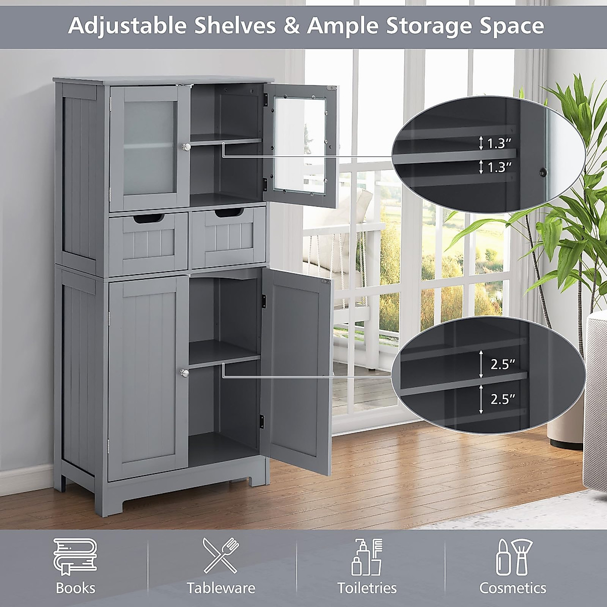 Giantex Bathroom Floor Storage Cabinet - Freestanding Cabinet with 2 Glass Doors, 2 Drawers & Adjustable Shelves, Multifunctional 50.5” Tall Storage Organizer Cupboard for Kitchen, Living Room (Gray)