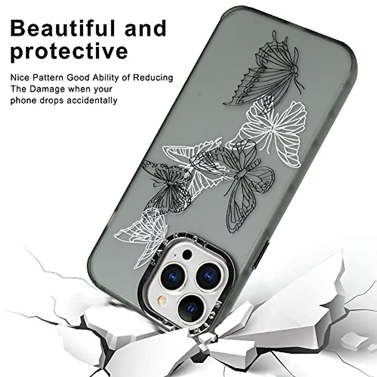 Mophinda for iPhone 13 Pro 6.1''2021 Translucent Matte Soft Phone Case, Cute Black and White Butterfly Printing (Screen Tempered Film X1) Suitable for Girls Ladies Boys Men（Black Base Color）