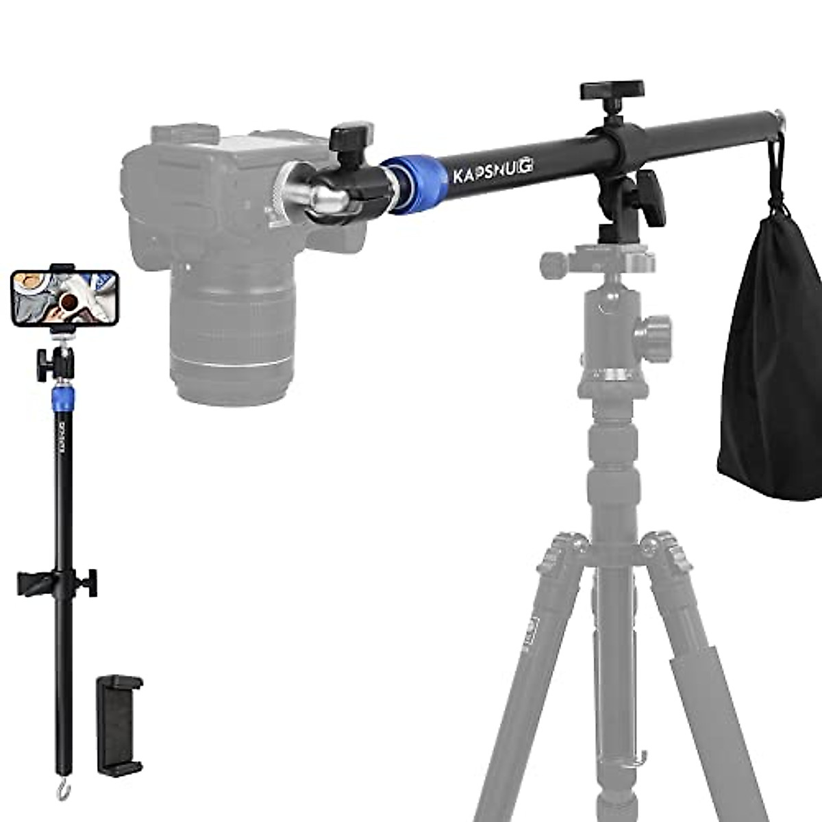 KapSnug 22-37 Inch Aluminum Tripod Extension Arm Overhead Camera Mount, Horizontal Retractable Center Column, 360-degree Ball Head, 170-degree Angle Adjustable Arm, Tripod not Included