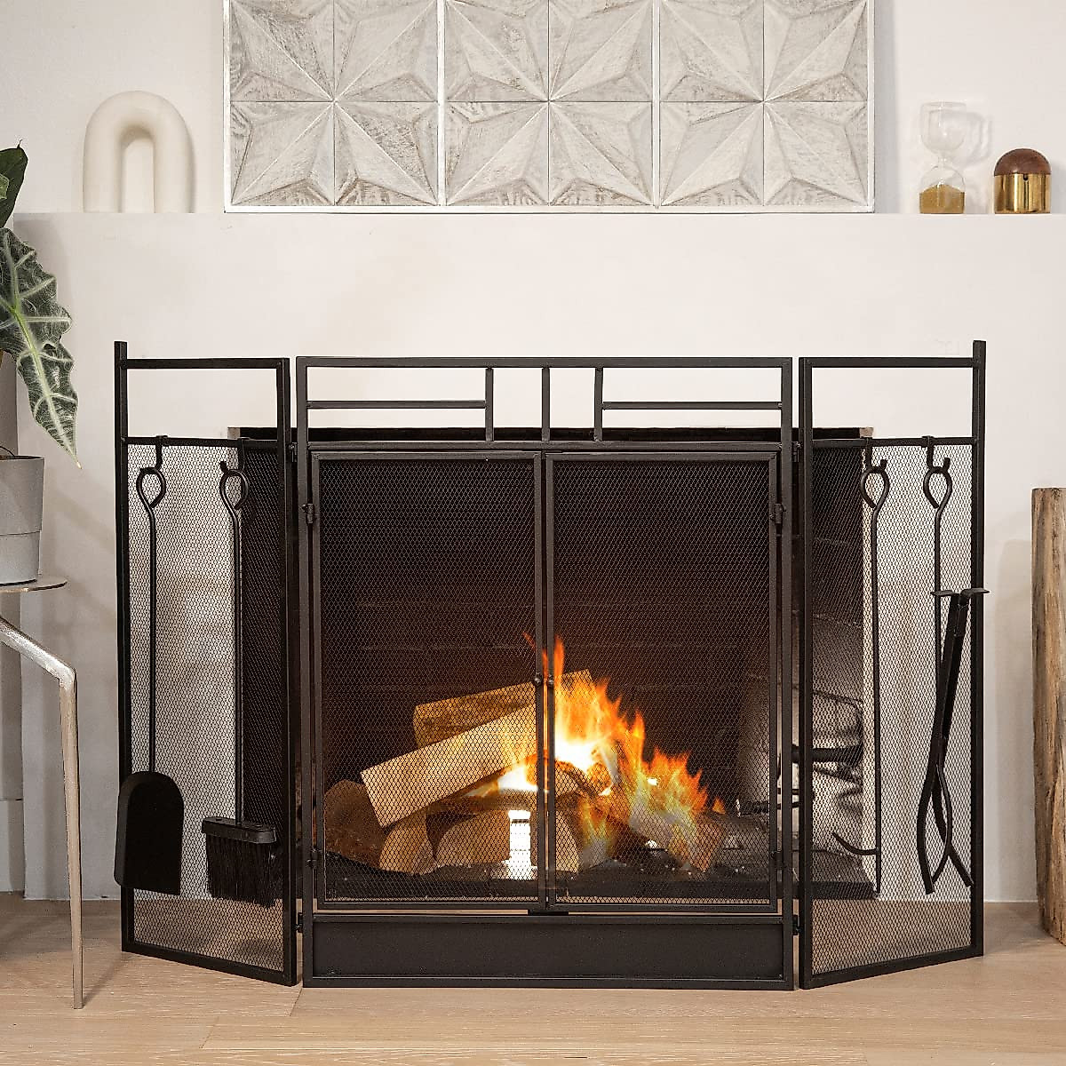 Barton 3-Panel Folding Fireplace Screen W/Magnetic Doors and 4-Pieces Fire Place Tools Set Home Steel Fire Spark Guard, Black