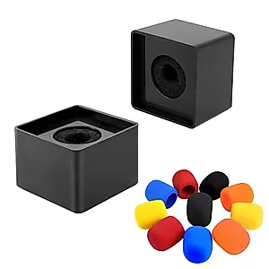 RETON 2 Pack Microphone Flag Station Square Cube Shaped Interview Mic Logo, Black ABS Mic Flag Microphone Accessories for Reporter KTV Host, with 10 Pcs Microphone Foam Cover