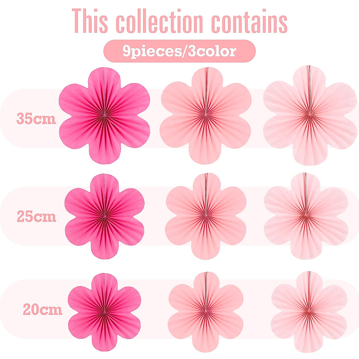 SUNBEAUTY Paper Decoration, Set of 9 - Hot Pink Flower Hanging Ornaments, Party Fans & Floral Backdrop for Weddings, Baby Showers, Birthdays & More