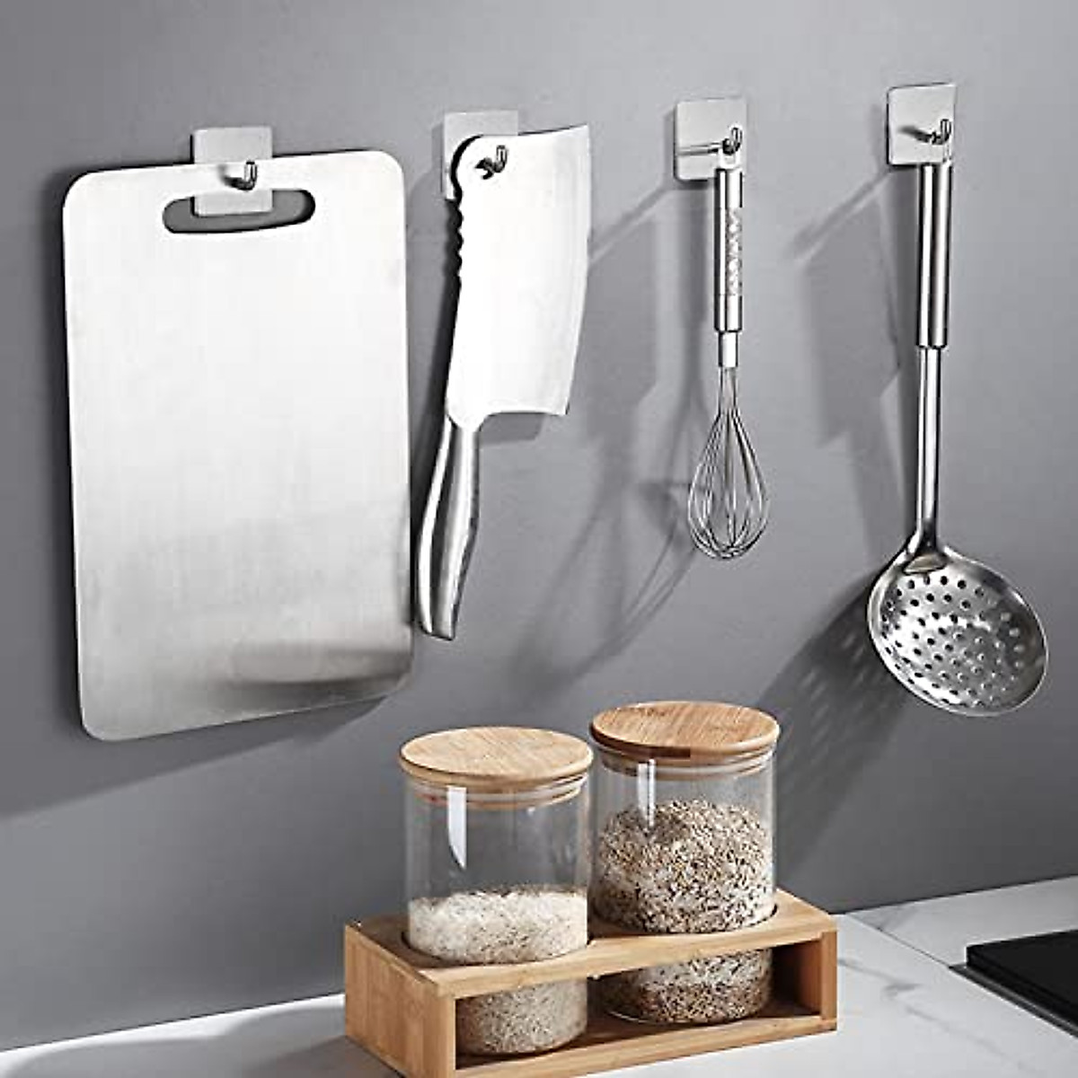 Adhesive Towel Hooks Stainless Steel Heavy Duty Shower Hook Waterproof Wall Hooks Stick on Door Cabinet Robe Rack Hanger for Hanging Clothes, Coats, Bags, Keys, Bathroom Kitchen and Bedroom-4 Packs