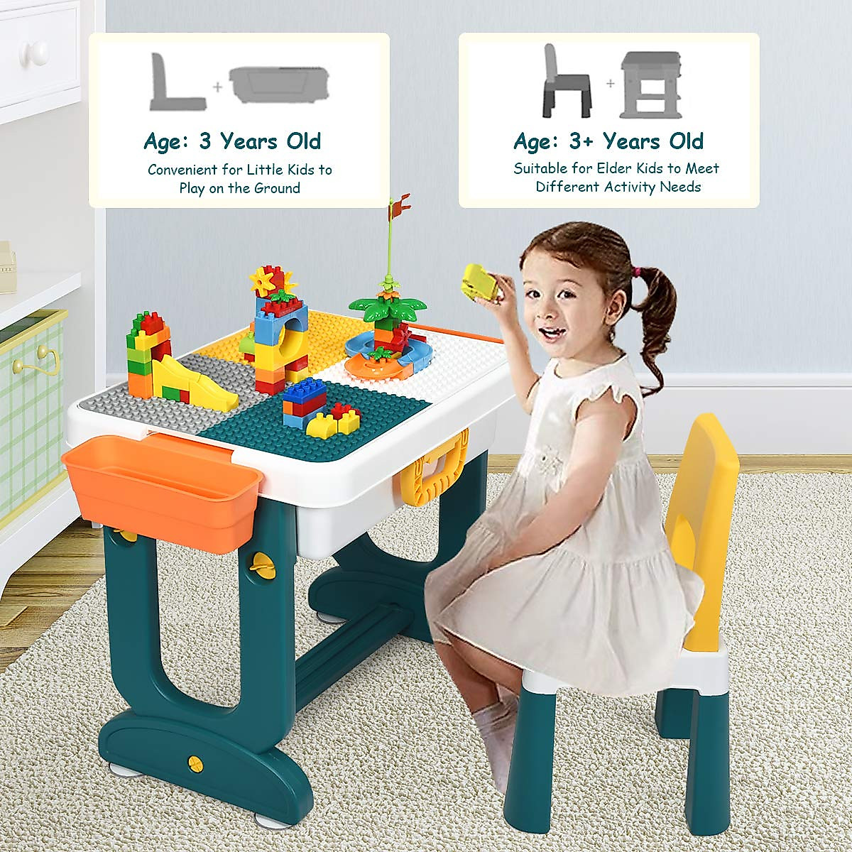 Costzon 5 in 1 Kids Multi Activity Table and Chair Set, Building Block Table w/Double-Sided Board, Storage, Children Draw Table w/Pen Folding to Toddler Luggage, Gift for Boys & Girls