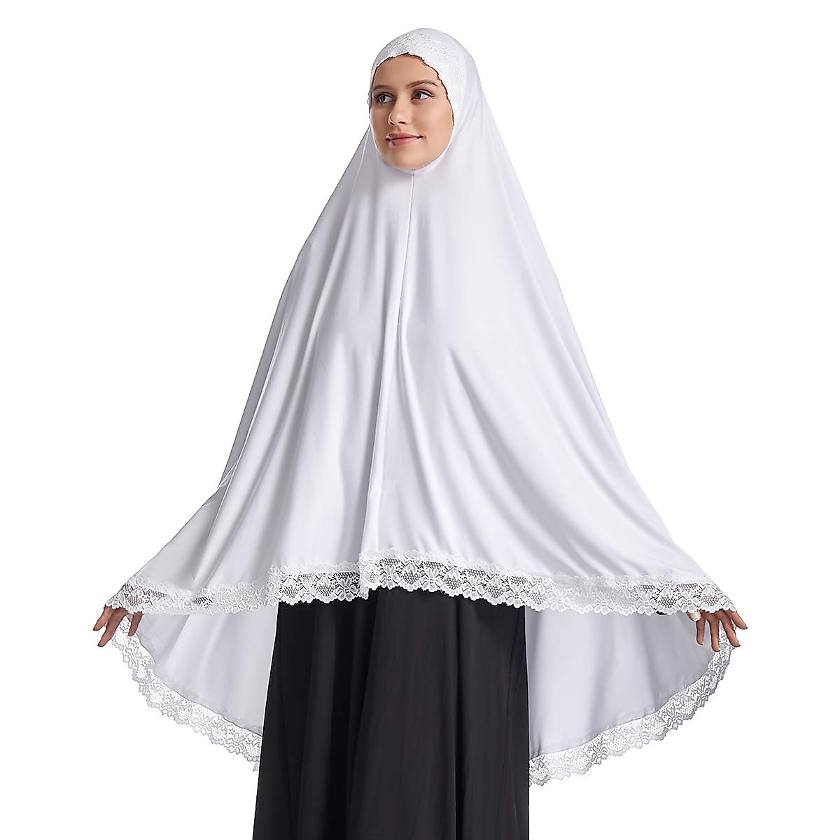 khalat Women's Elegant Hijab Lace Trim Muslim Islamic Ramadan Soft Lightweight Hijab Long Scarf White