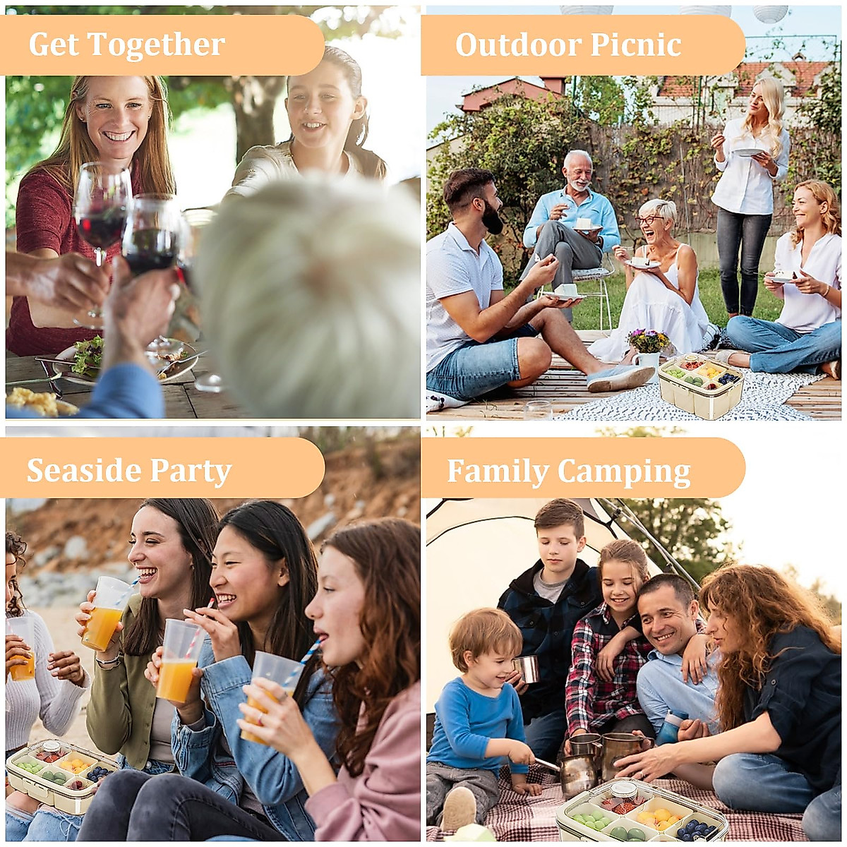 Hutuzldz Divided Serving Tray with Lid, 6 Compartments Snackle Box Charcuterie Container, Portable Snack Platters for Fruit, Nuts, Vegetable, Entertaining, Party, Picnic (1 pack 6 Compartments)