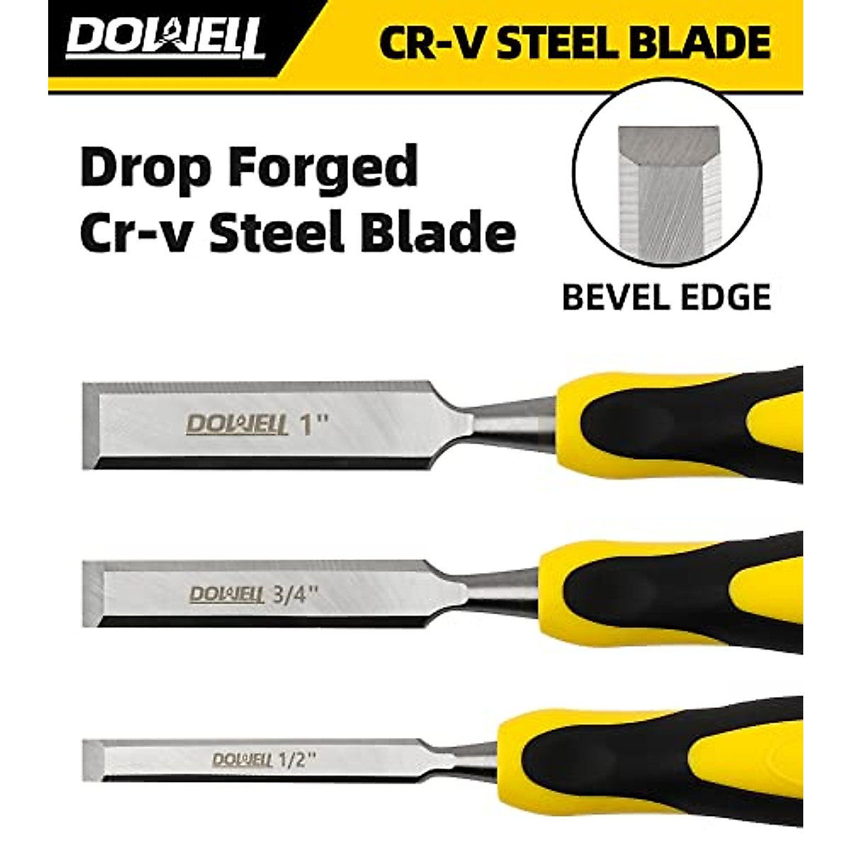 DOWELL Wood Chisel Tool Set 4pc Sturdy Chisel, 1/4 inch,1/2 inch,3/4 inch,1 inch with Carpenter Pencils HY080103