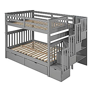 ATY Full Over Full Bunk Bed with Stairs and 6 Storage Drawers, Wood Stairway Bedframe w/ 3 Shelves, Can be Divided into Two Beds, No Box Spring Needed, Gray