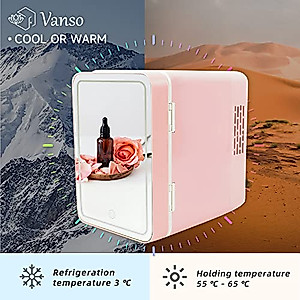 vanso Mini Fridge Portable Small Refrigerator Cooler or Warmer,4 Liter Portable Mini Fridge for Makeup, Skincare, Snacks, & More,Mini Mini Fridge for Bedroom or Vanity with Lighted Glass Surface, Pink