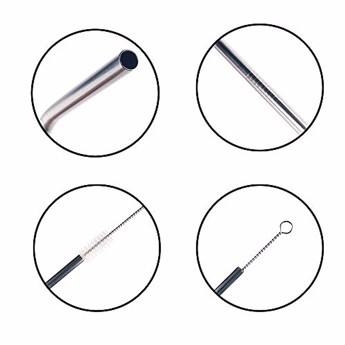 BambooMN Reusable Stainless Steel Metal Drinking Straws - 8" Bent Straws w/ 1x Cleaning Brush - 6 Pack