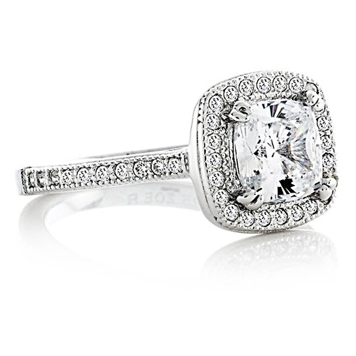 Zoe R Sterling Silver Micro Pave Hand Set Cubic Zirconia Halo 6mm Cushion-Cut Center Wedding Set Size 9.5