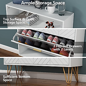 Auromie Shoe Cabinet, Freestanding Tipping Bucket Shoe Storage Cabinet with 2 Flip Drawers, Modern Entryway Shoe Rack with Storage Top Cubby, Narrow Slim Hidden Shoe Organizer with Doors (White)