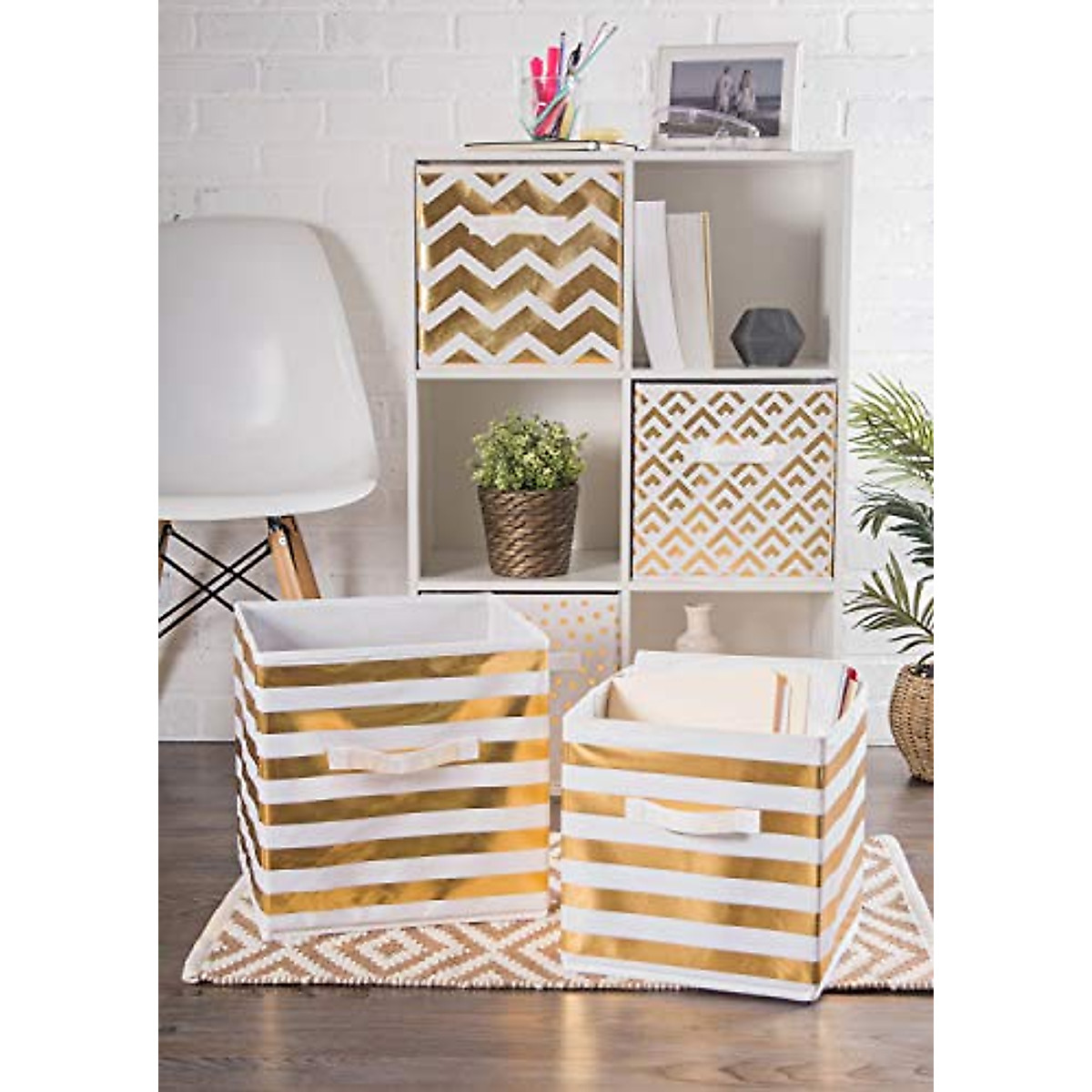 DII Non Woven Polyester, Metallic Stripes Storage Bin, Gold, Small (4)
