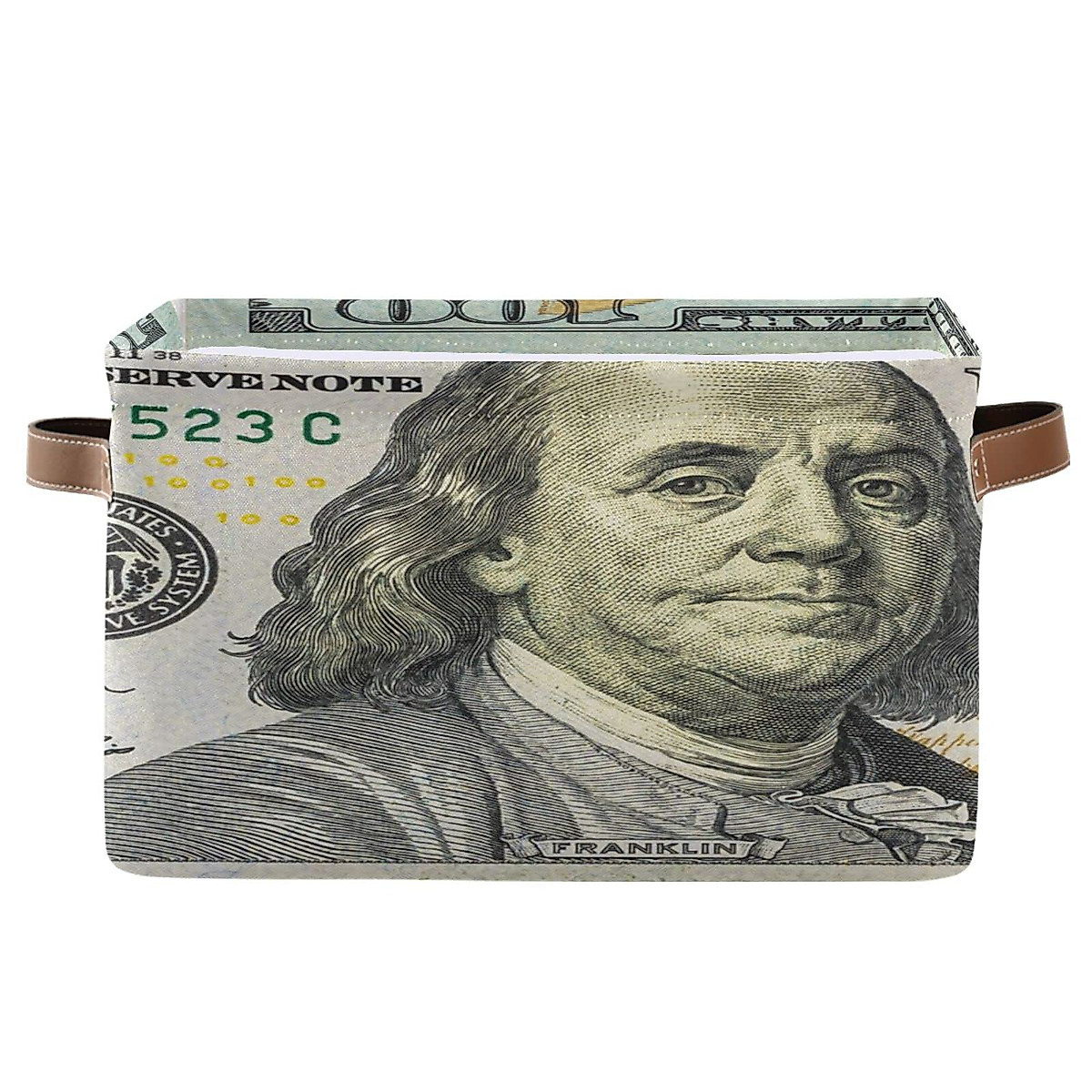 Large Foldable Storage Basket 100 Dollar Bill Printed Storage Bin Canvas Toys Box Fabric Decorative Collapsible Organizer Bag with Handles for Bedroom Home