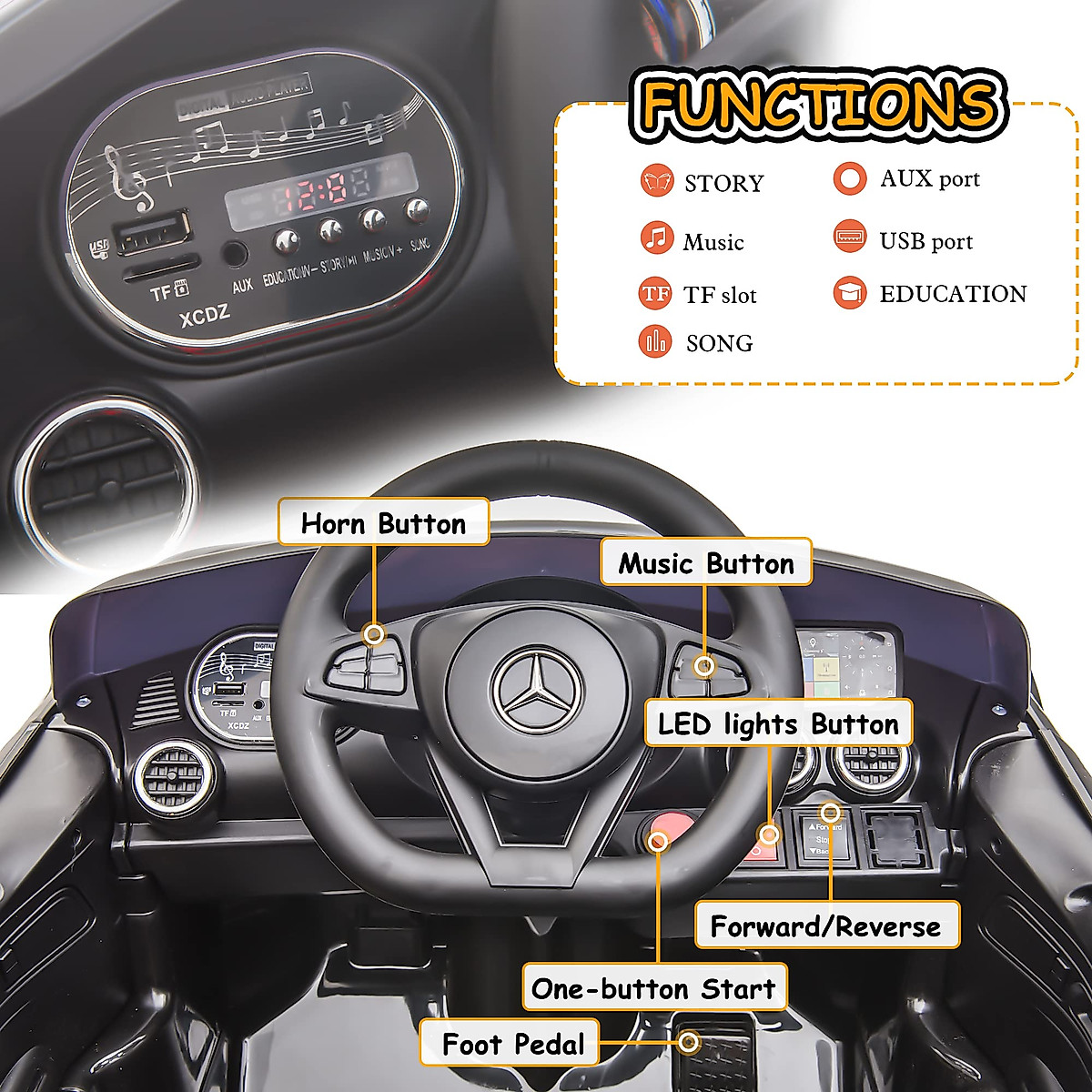 TOBBI Ride On Car 12V Licensed Mercedes Benz AMG GT Electric Car for Kids Ride On Toys Vehicle with 2.4G Remote Control, 2 Powerful Motors, Music, Horn, USB, Black