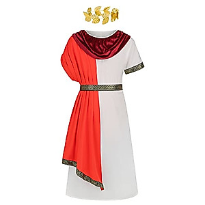 yolsun Grecian Toga Costume for Kids, Ancient Greek Goddess Gostume for Girls/Boys, Halloween Roman King Costume Dress up (6-8 Years, Red)