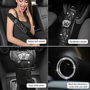 coofig Bling Crown Car Accessories Set for Women Girls,Bling Diamond Steering Wheel Cover + 2pcs Car Seat Belt Cover + Gear Shift Cover + Handbrake Cover + Button Ignition knob Car Bling Crown Decor