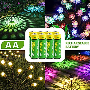 JINTION AA Rechargeable Batteries 600mah High Capacity 1.2V Ni-MH Double a Battery for Outdoor Solar Lights, String Lights, TV Remotes, Wireless Mouses, Flashlight