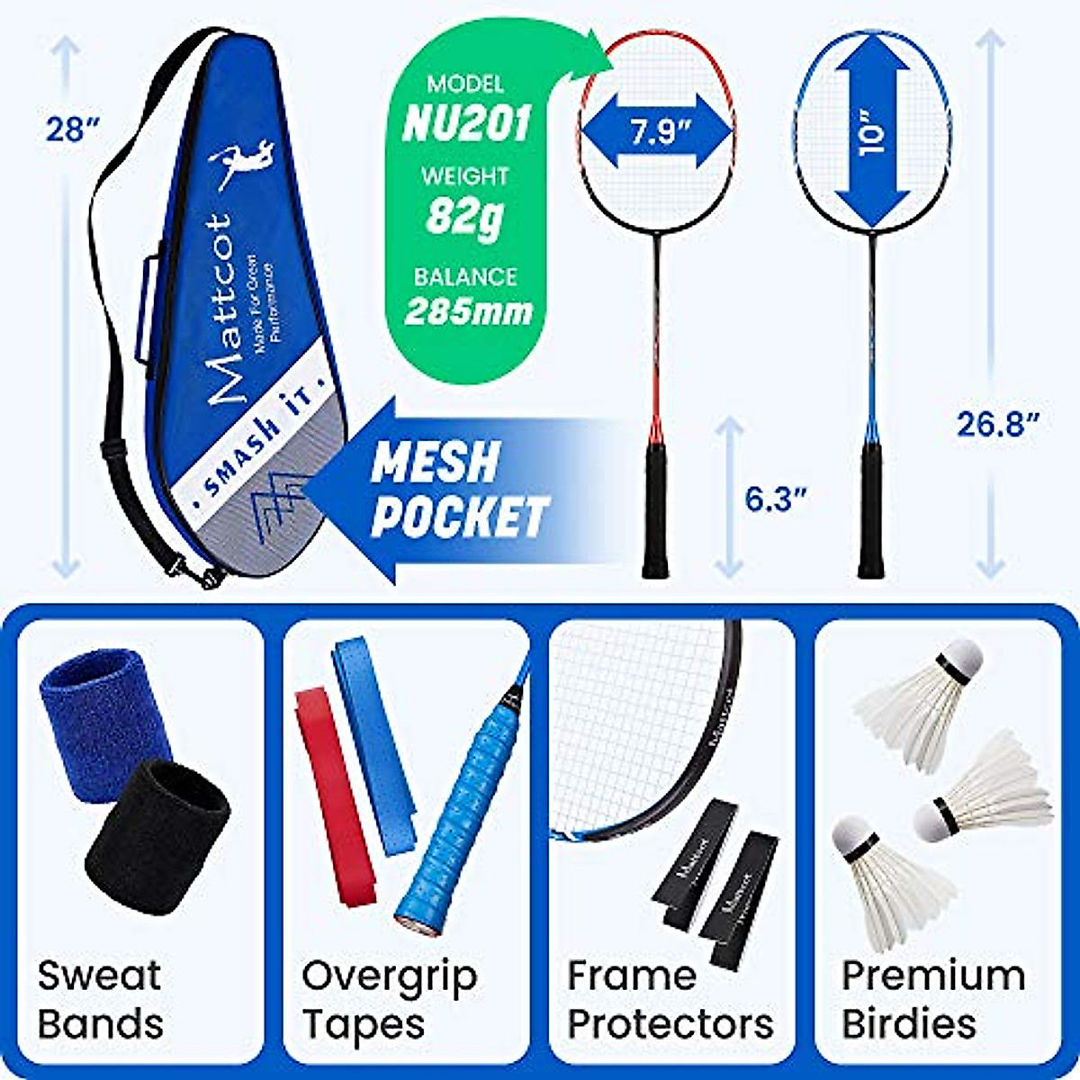 MATTCOT Badminton Set of 2 Rackets – 2 Carbon Fiber Rackets, 3 Badminton Birdies, 2 Sweatbands, Overgrip Tape, Frame Protector Tape, Portable Case – Outdoor Family Games & Pro Racket Sports By MATTCOT