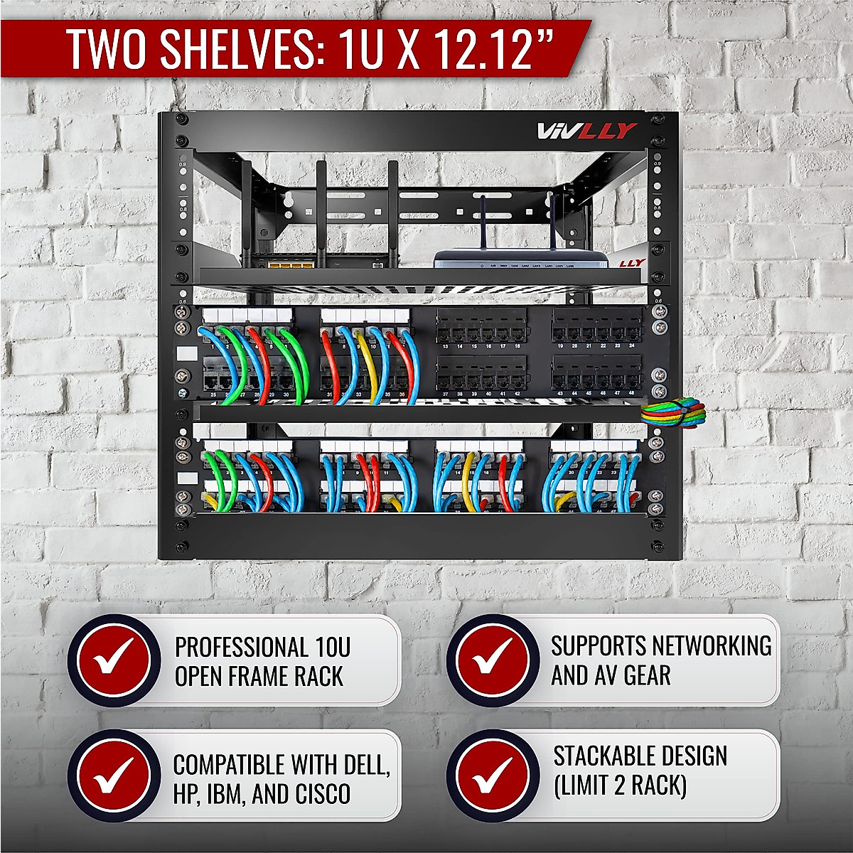 Vivlly Open Frame 10U Rack for Networking, Servers, Audio, and Video Equipment, Heavy Duty 1U Vented Shelves, Wall Mounted Hardware or Floor Standing Support