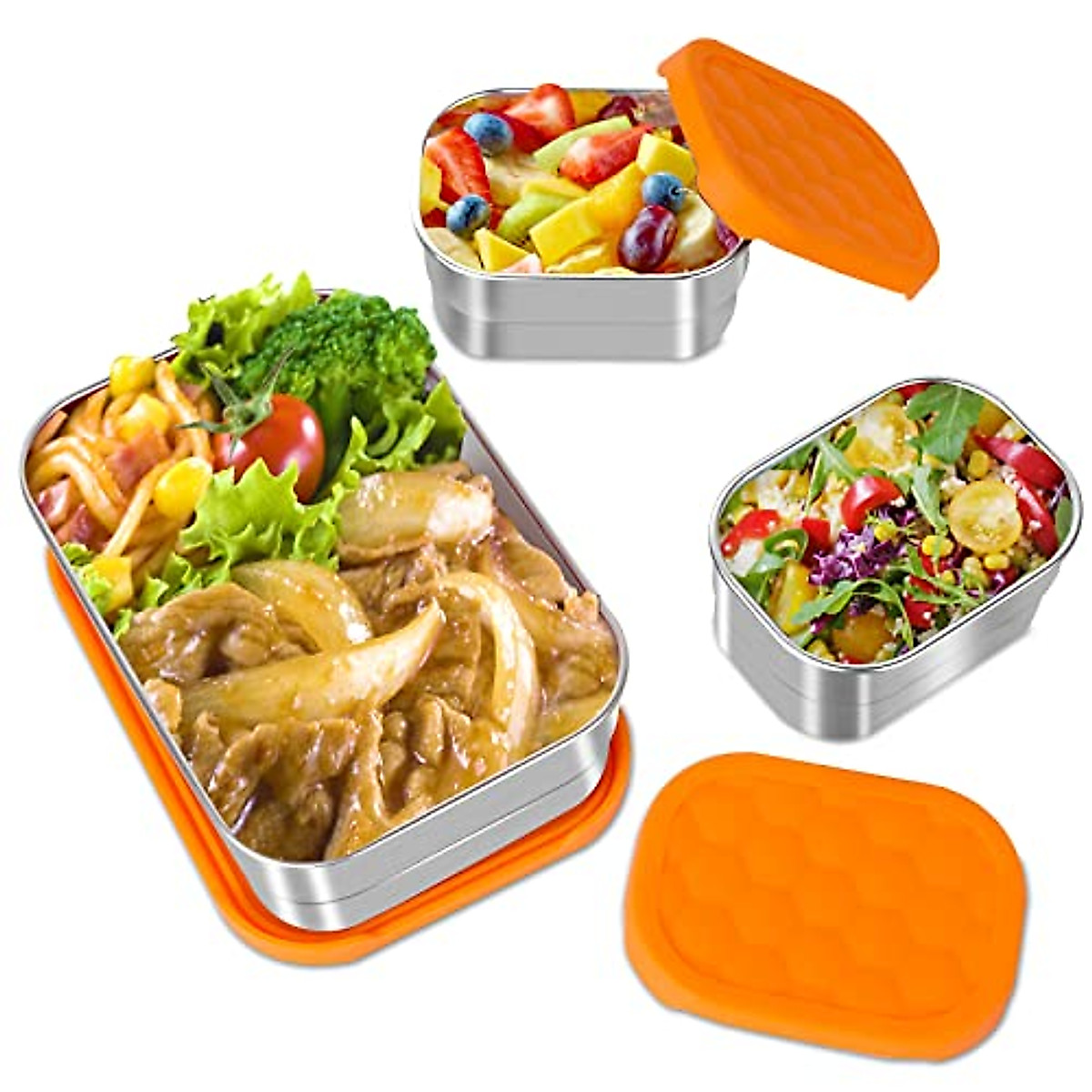 Hosercap Stainless Steel Lunch Snack Containers for Kids - Leak Proof 304 Stainless Steel Food Containers with Silicone Lids Metal Lunch Box Containers for Toddlers Kids (25oz+8oz*2, Set of 3)