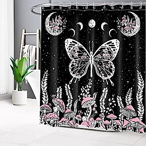 LB Mushroom and Butterfly Shower Curtain for Bathroom,Boho Starry Sky with Moon Phase and Country Plant Fabric Shower Curtain with Hooks,Black and White Bathroom Curtains Shower Set, 72x72 inches
