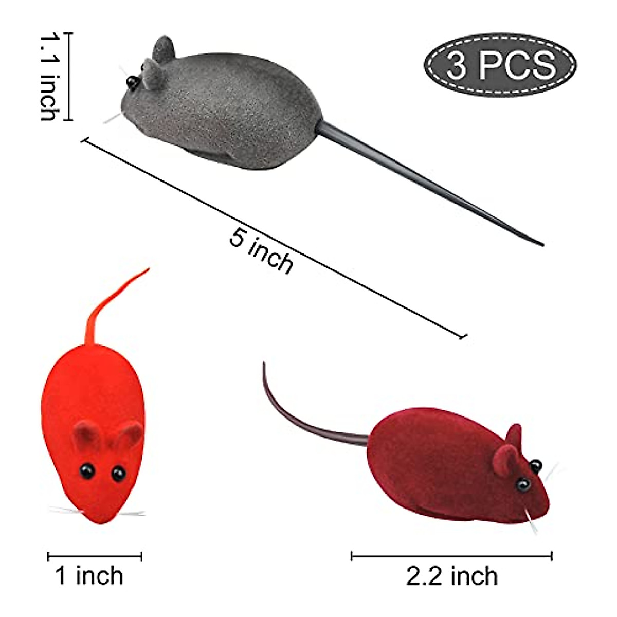 Andiker 3Pcs Cat Mouse Toy, Flocking Squeaking Mouse Cat Toy 3 Random Colors Soft Small Cat Toys for Indoor Cats Interactive Cat Toy for Cats and Kitten to Catch and Bit (3pcs)